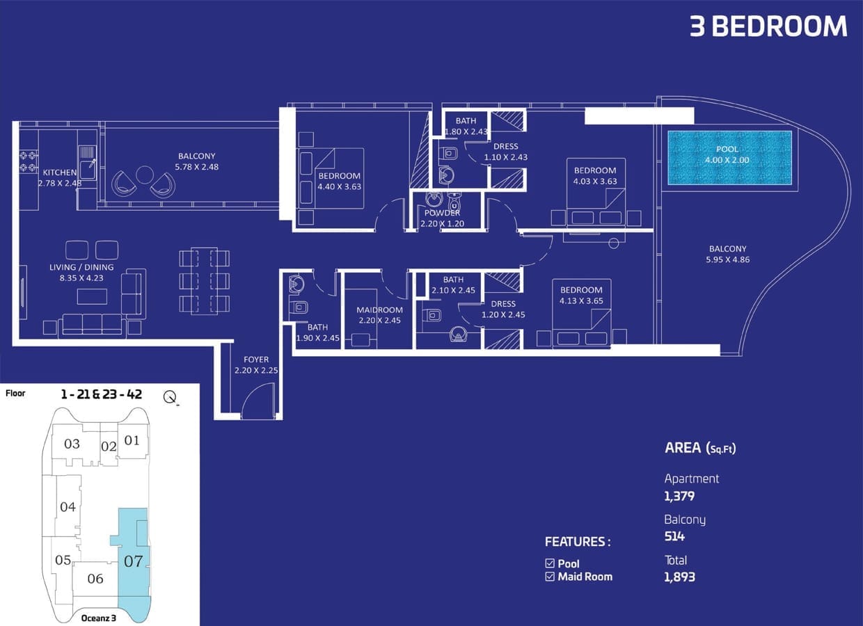 Ocean Tower 3 - 3 Bedroom Apartment Floor Plan